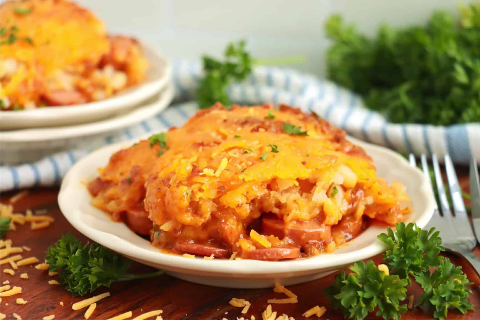 Chili Cheese Tater Tot Hot Dog Casserole - Inspirational Momma